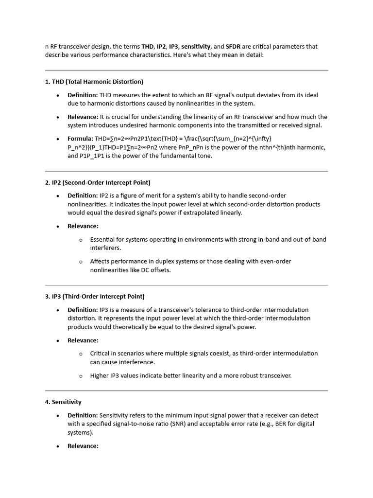 THD, IP2, IP3, Sensitivity, and SFDR | PDF | Signal To Noise Ratio | Distortion