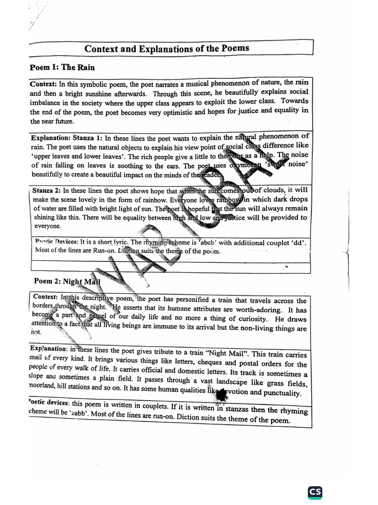 1st Year English Poem Explaination | PDF