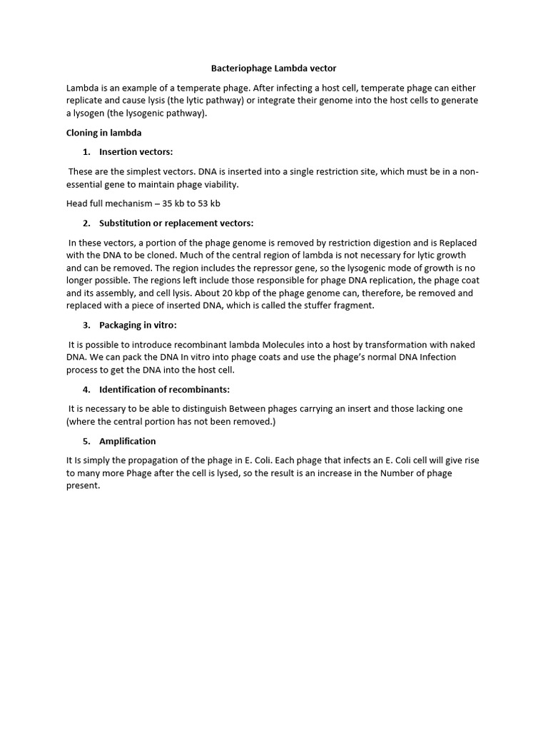 Lambda Bacteriophage Vector Overview | PDF | Bacteriophage | Vector (Molecular Biology)