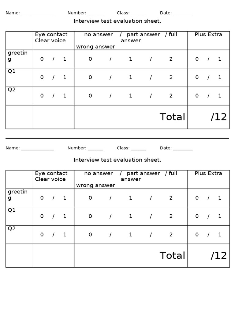 Interview Test Evaluation Sheet | PDF
