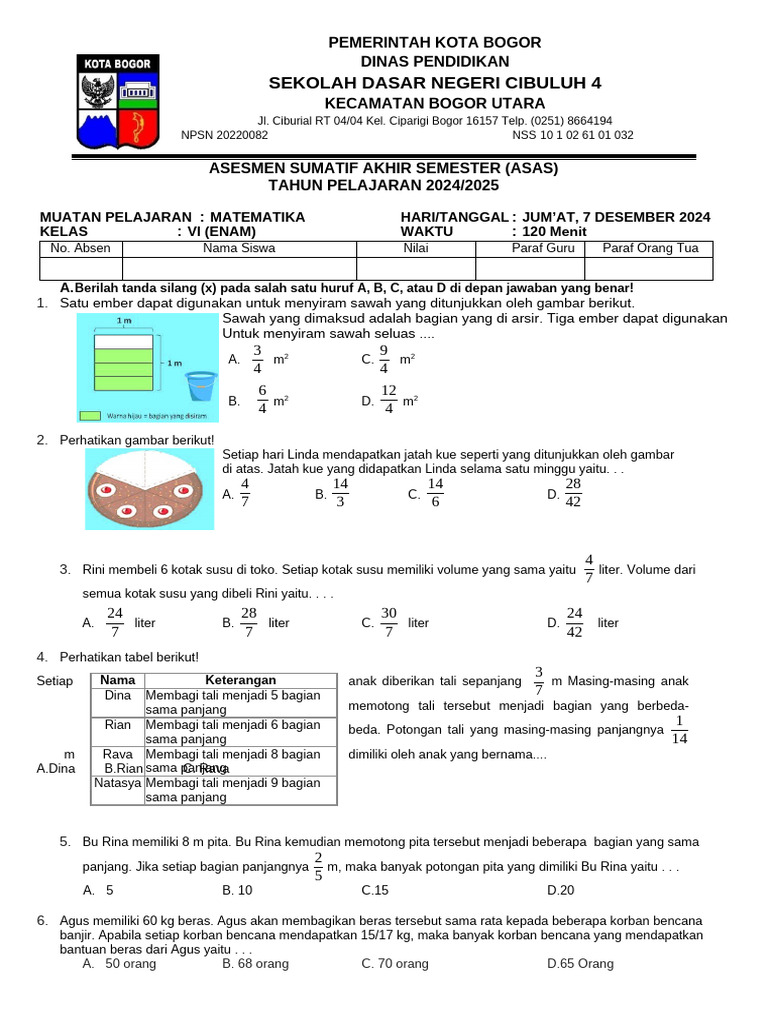 Soal Asas Ganjil Matematika 2024 | PDF