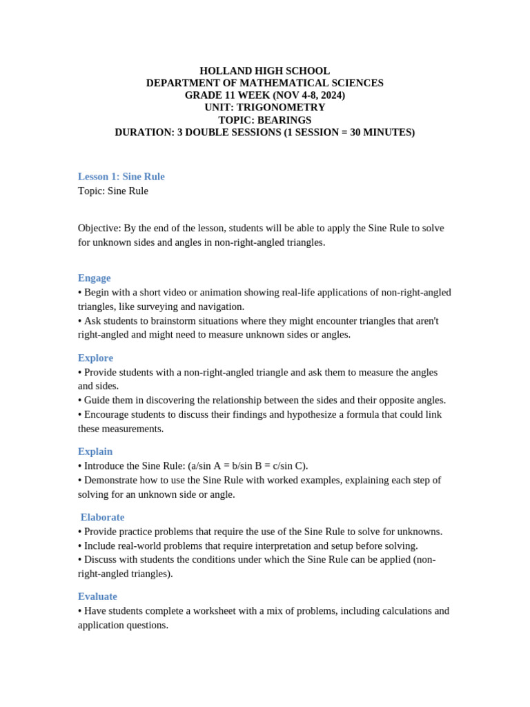 5E Lesson Plans Form5 SineRule CosineRule Bearings | PDF | Triangle ...