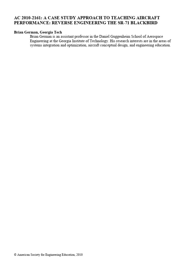 A Case Study Approach To Teaching Aircraft Performance Reverse Engineering The sr-71 Blackbird ...