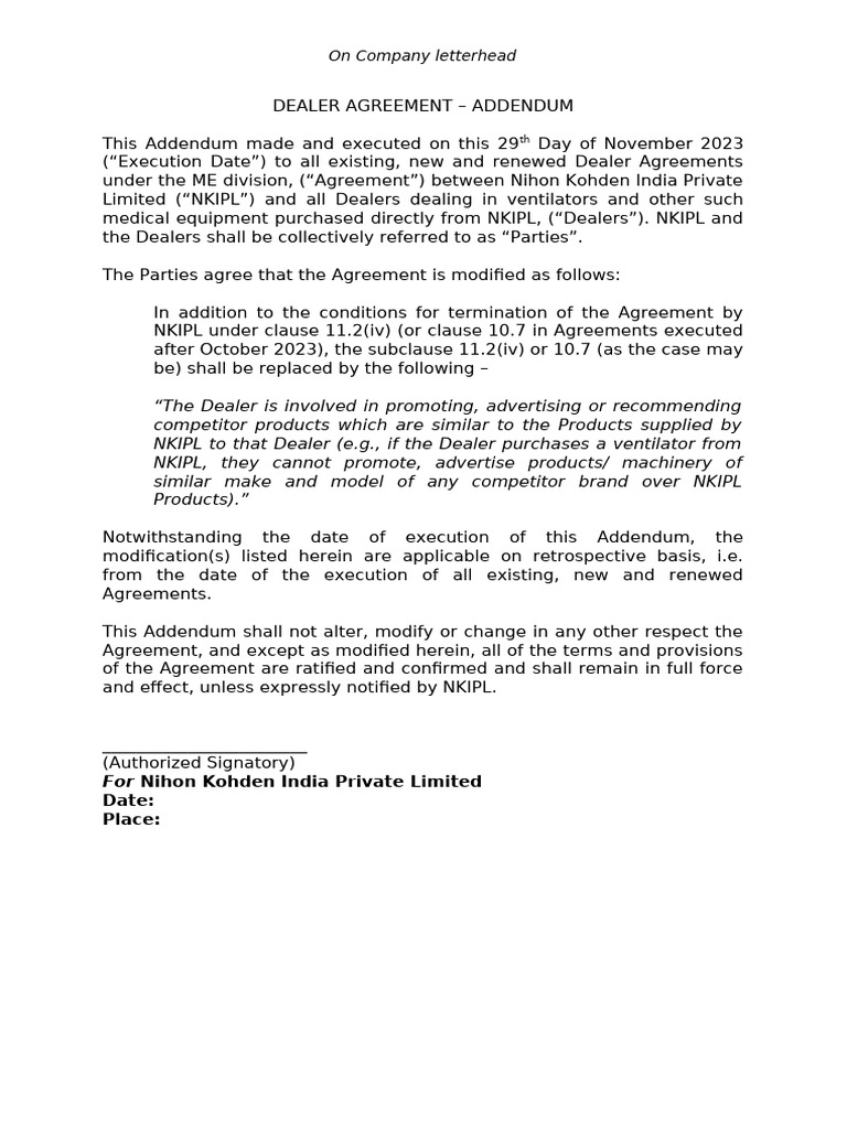 Addendum For Dealership Agreements - ME | PDF