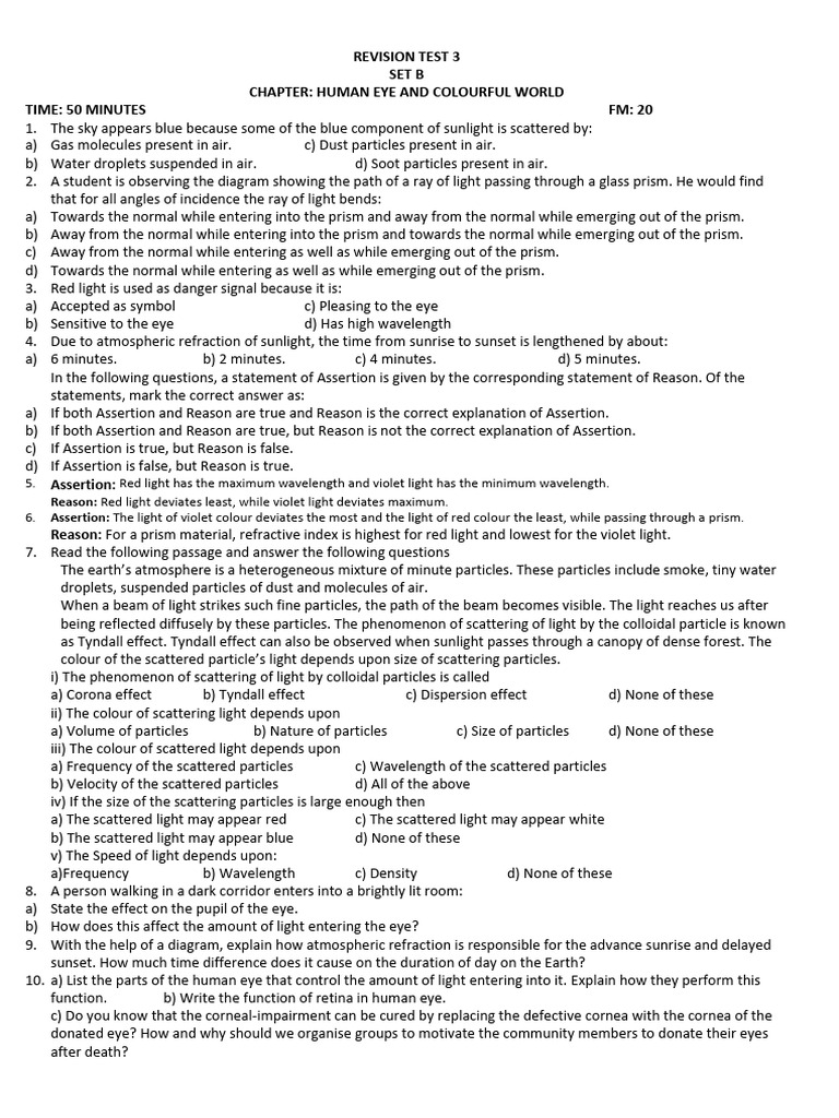REVISION TEST 3 Set B | PDF | Light | Scattering