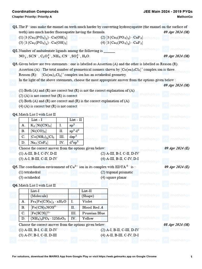 Coordination Compounds Exam Questions | PDF | Coordination Complex | Iron