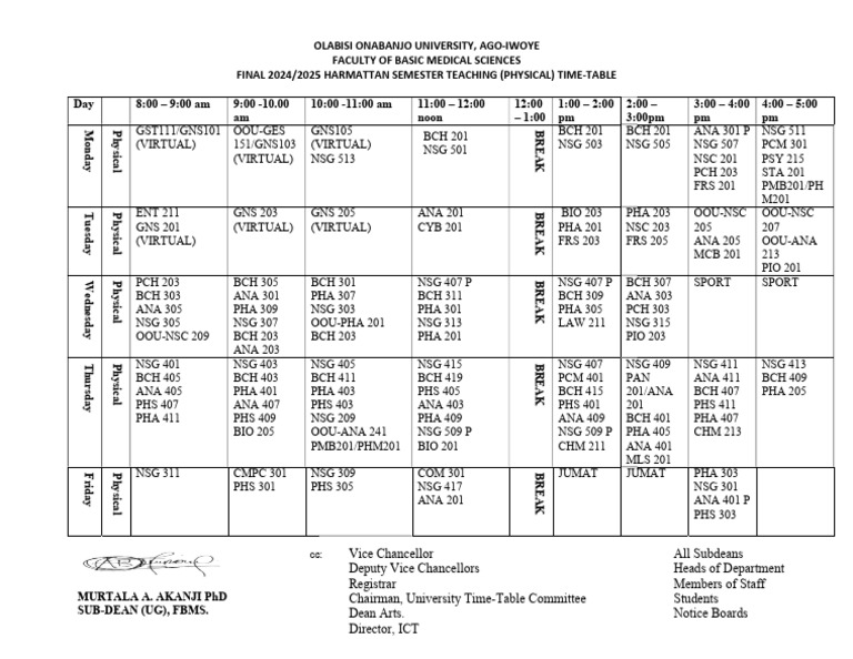 FINAL_FBMS_2024_2025_Harmattan_PHYSICAL_Teaching_Timetable | PDF