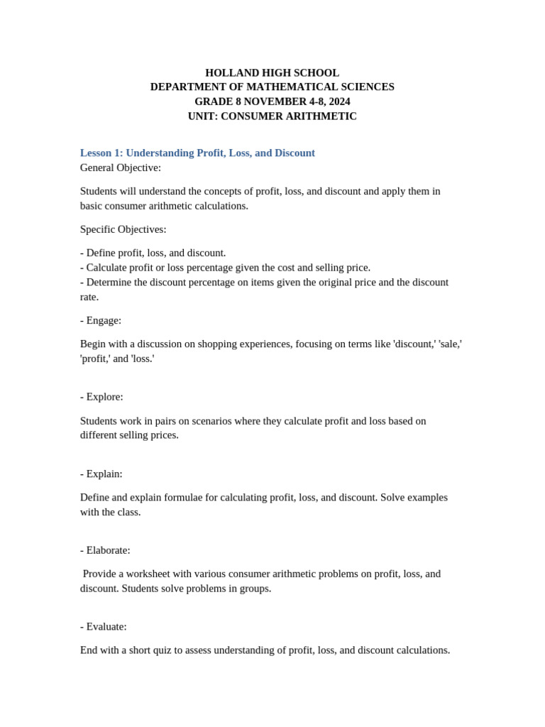Grade 8 Consumer Arithmetic Lessons Pdf Interest Prices