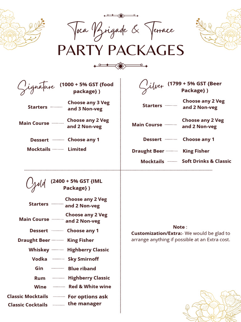 Toca Brigade and Terrace Party Package | PDF | Cocktails | Western Cuisine