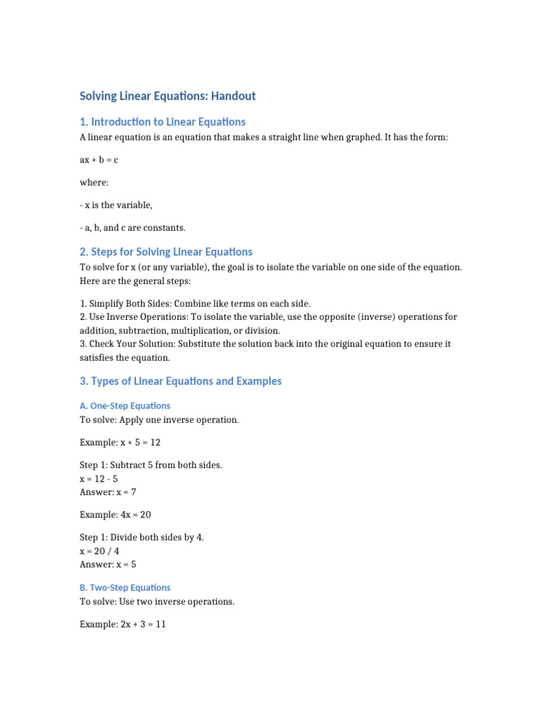 Solving_Linear_Equations_Handout_Form_2_CSEC | PDF