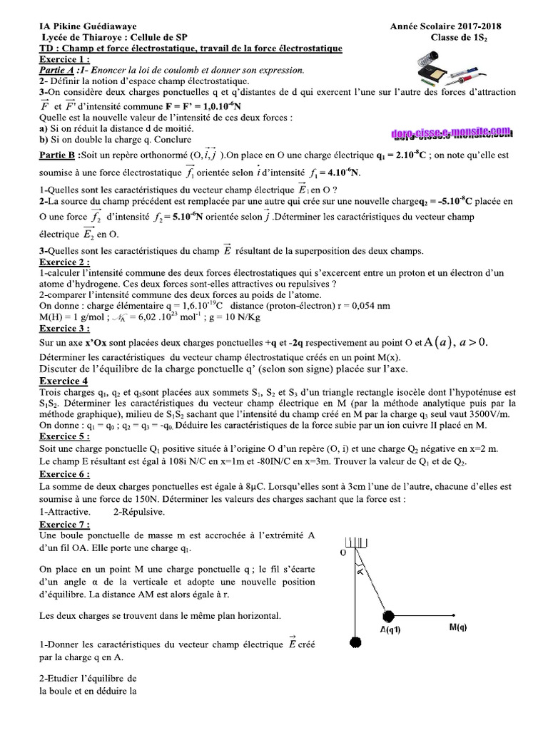 Champ Et Force Electrostatique Travail de La Force Electrostatique 2017 ...