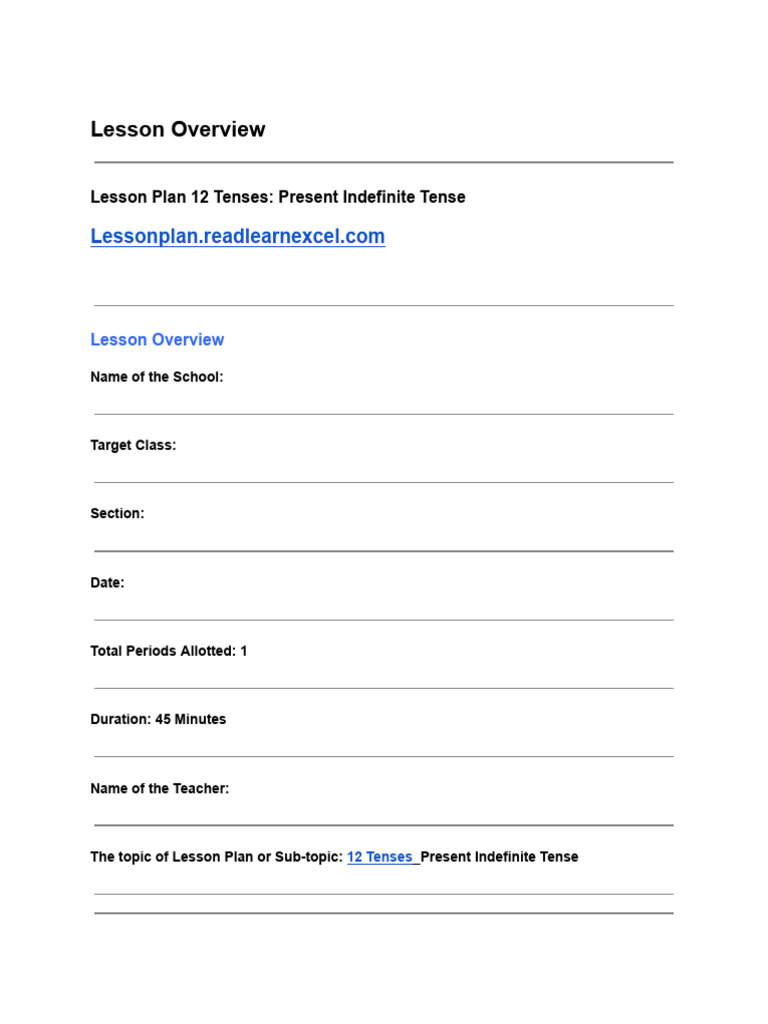 Lesson Plan 12 Tenses Present Indefinite Tense 1 | PDF | Lesson Plan ...