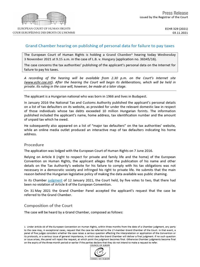ECHR Hearing on Tax Data Privacy Case | PDF | European Convention On ...