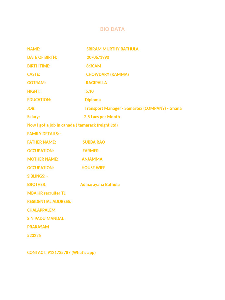 Bio Data - Sriram Murthy Bathula-1 | PDF
