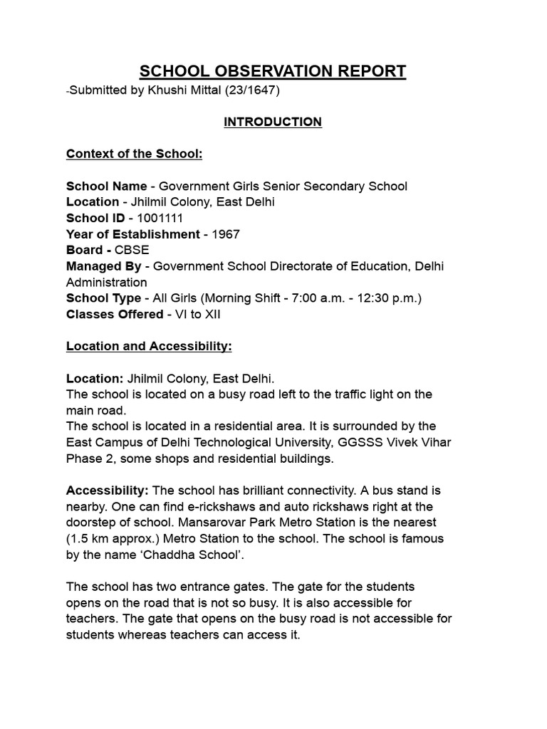 School Observation Report | PDF | Classroom Management | Teachers