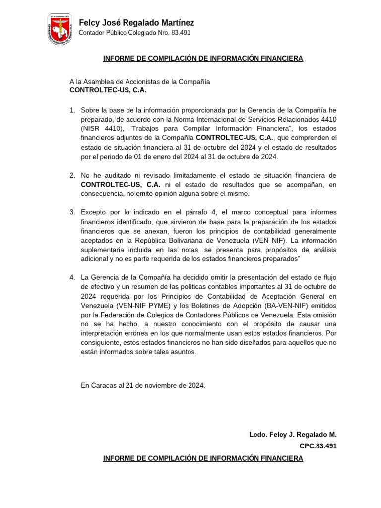 Controltec - Informe 31-12-2023 | PDF | Auditoría | Estado financiero