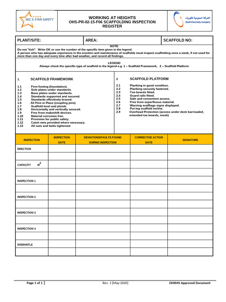 15-F06 SCAFFOLDING INSPECTION REGISTER | PDF | Scaffolding