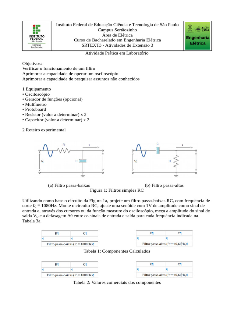 Lab de Circuitos Elétricos Filtros RC de 1a Ordem | PDF | Filtro passa ...