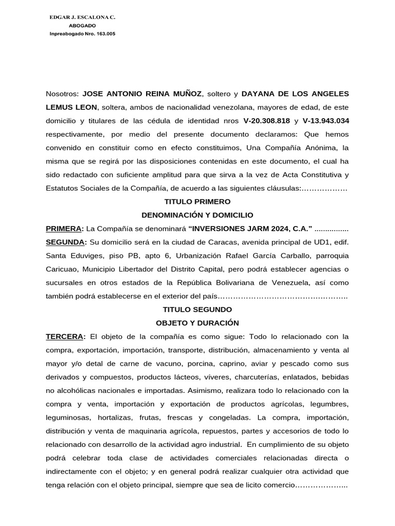 Inversiones JARM 2024 - Acta Constitutiva Paginas 1 A 4 | PDF | Compartir (Finanzas) | Sociedad ...