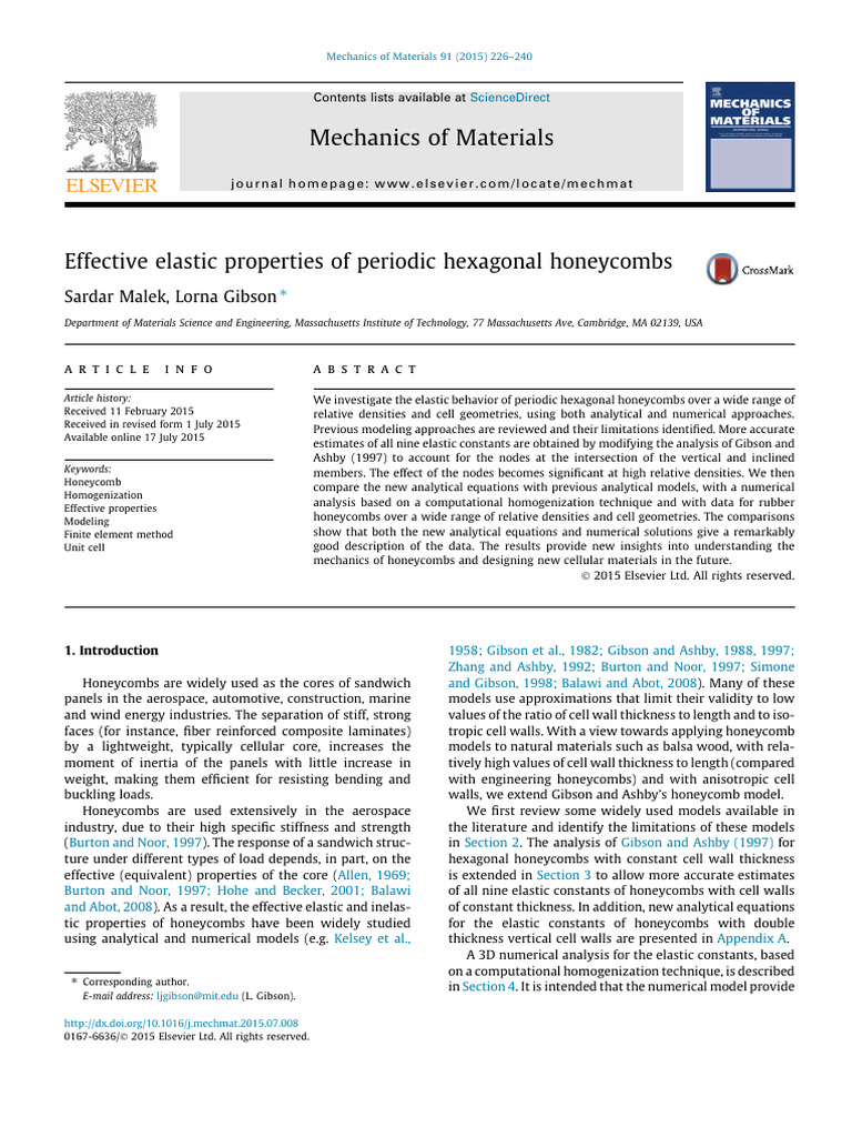 Effective Elastic Properties of Periodic Hexagonal Honeycombs | PDF | Stress (Mechanics) | Bending