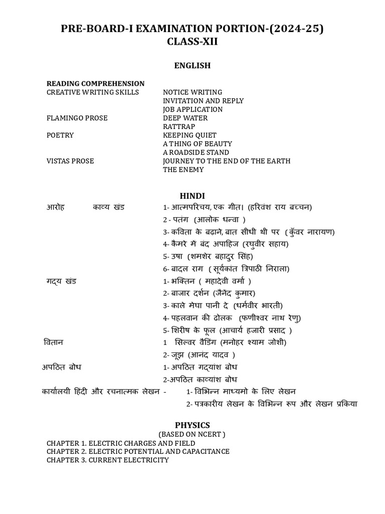 Pre Board i Exam Portion (Class Xii).Docx | PDF