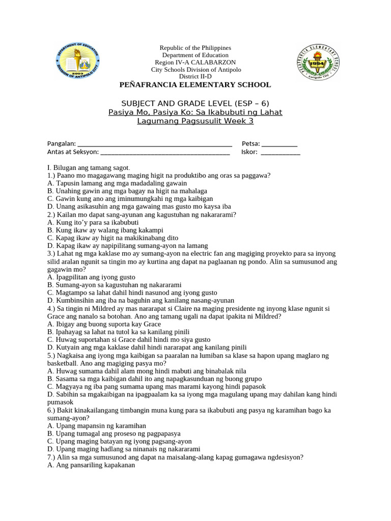 Esp Summative WEEK 3 - WITH ANS. KEY | PDF