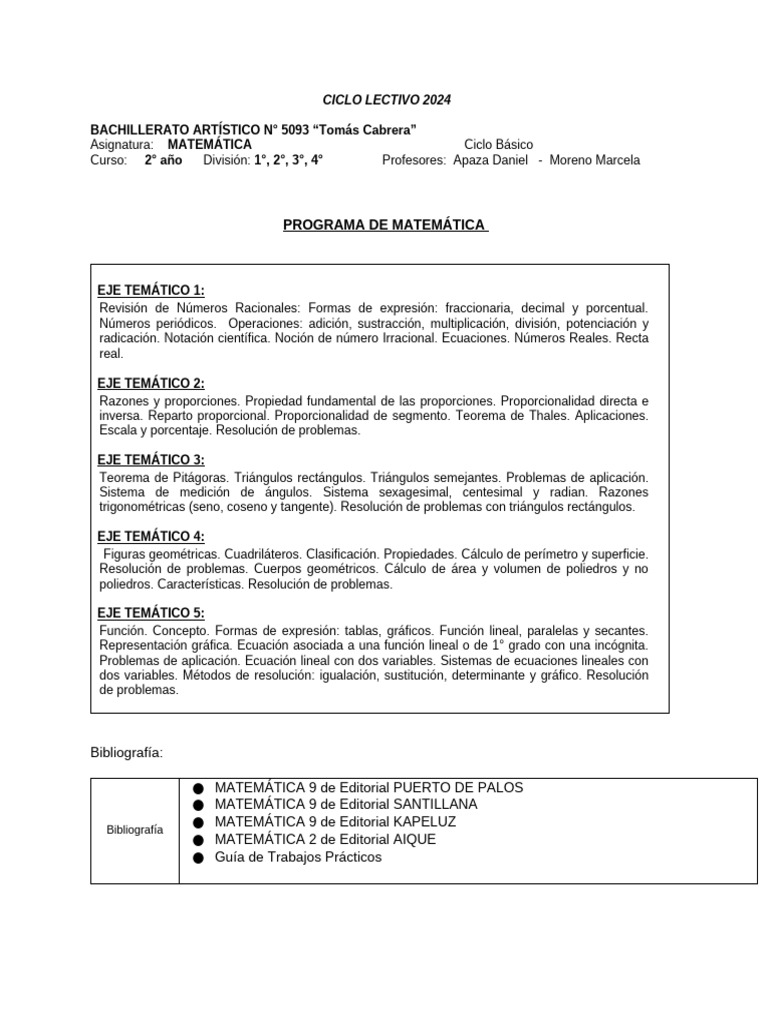 Programa de Matemática 2024 - 115948 | PDF