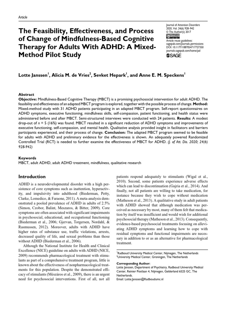 The Feasibility, Effectiveness, and Process of Change of Mindfulness-Based Cognitive Therapy for ...