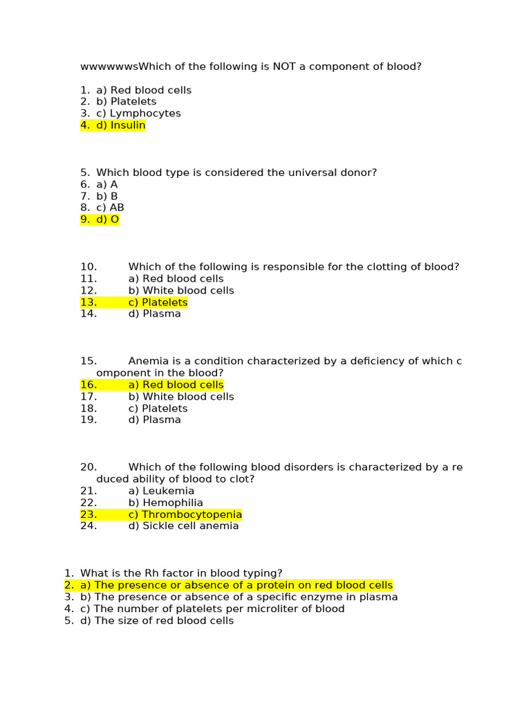 Blood Components and Disorders Quiz | PDF | Blood Cell | Blood