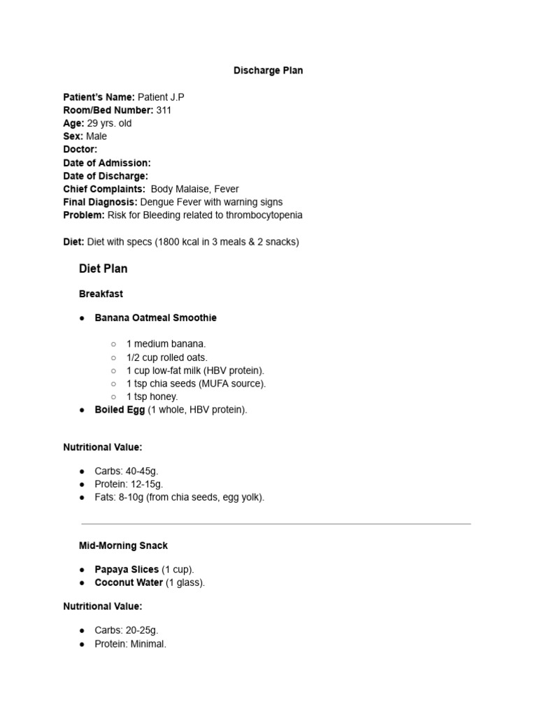 DISCHARGE PLAN -dengue | PDF | Bleeding | Dehydration