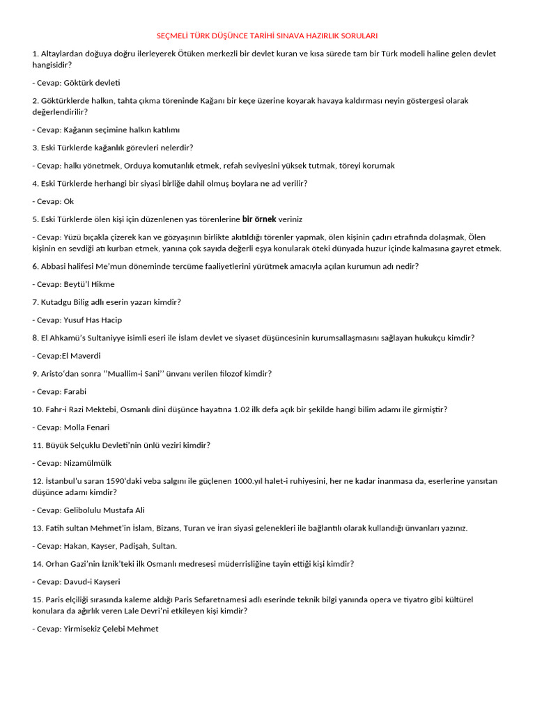 Secmeli Turk Dusunce Tarihi Sinava Hazirlik Sorulari | PDF
