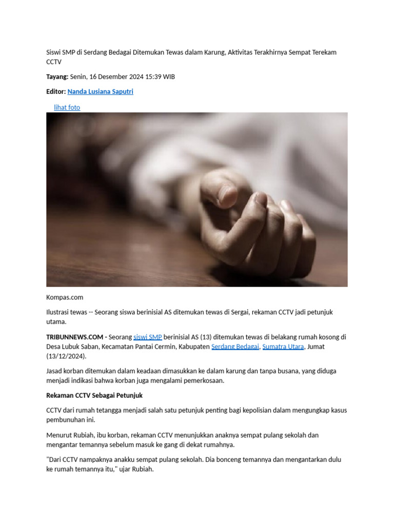 Siswi SMP di Serdang Bedagai Ditemukan Tewas dalam Karung | PDF