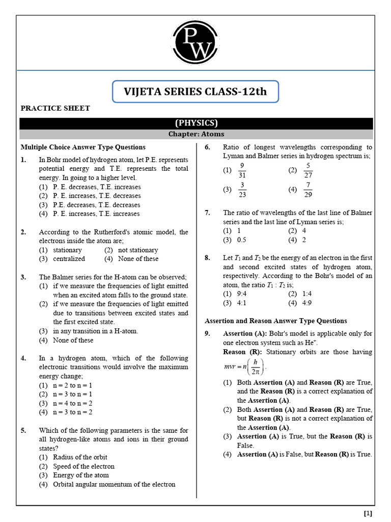 Atoms - Practice Sheet - VIJETA SERIES CLASS-12TH | PDF | Atoms | Electron