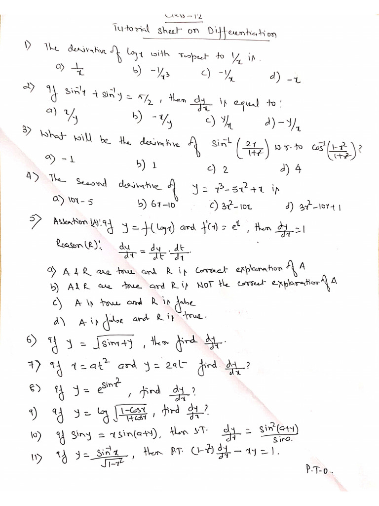 Class-12 Tutorial Sheet On Differentiation - 1 | PDF