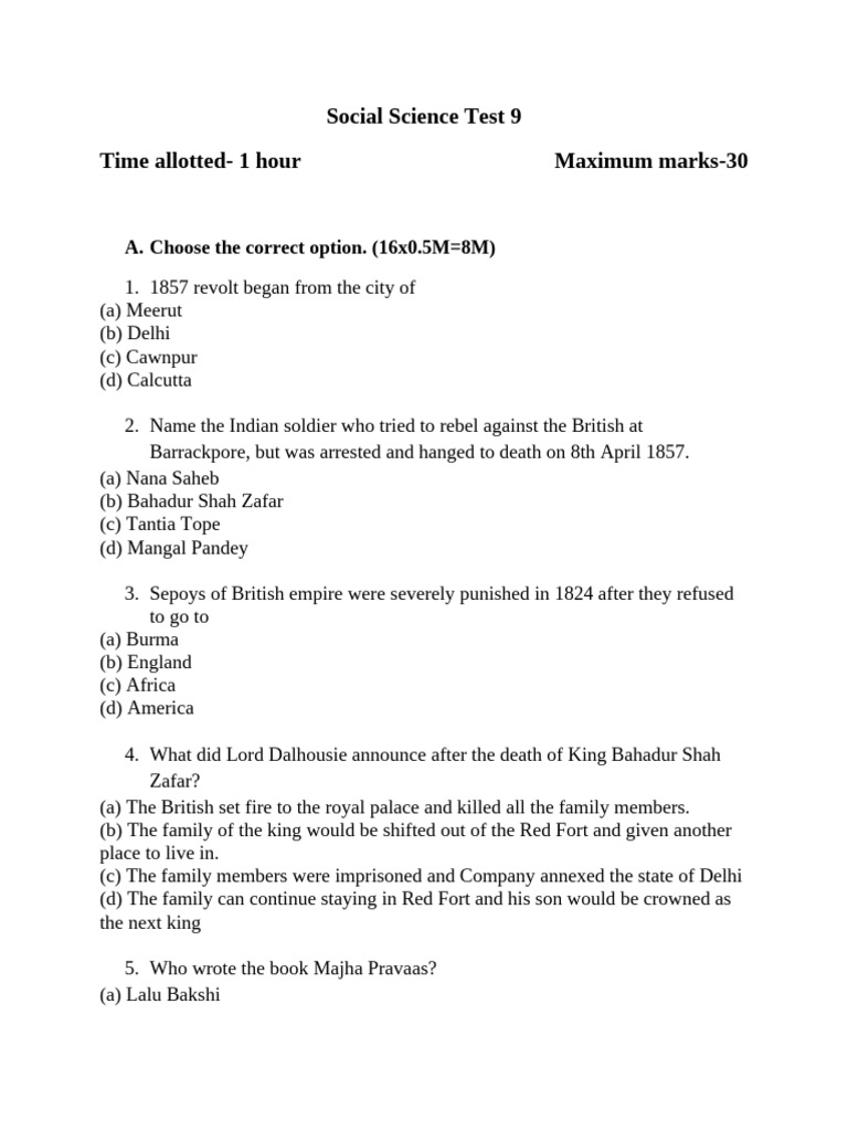 Social Science Test 9 | PDF | Indian Rebellion Of 1857 | British India