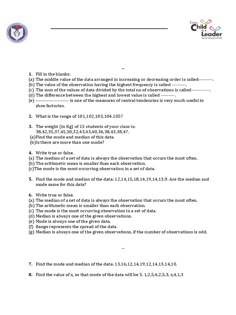 Worksheets Data Handling | PDF | Arithmetic Mean | Median