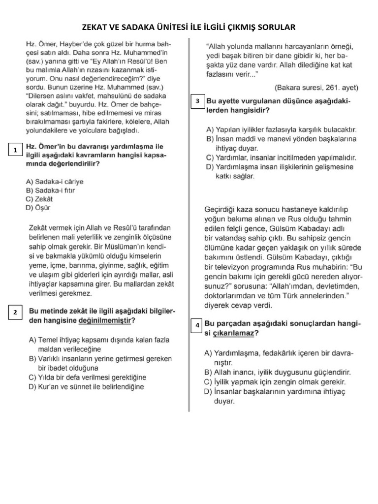 Lgs Zekat Ve Sadaka Cikmis Sorular | PDF