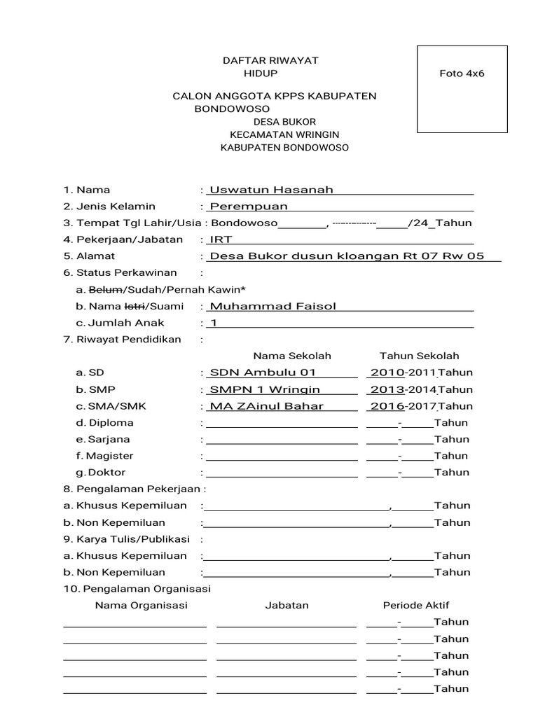 Formulir Daftar Riwayat Hidup KPPS Desa Bukor | PDF