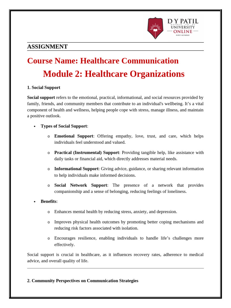 Assignment Module 2 Healthcare Organizations | PDF | Social Support | Psychological Resilience