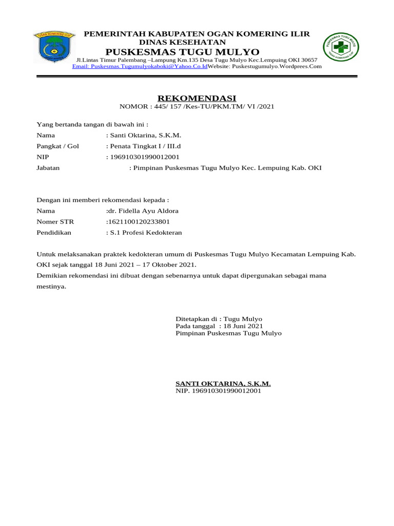 3 SURAT REKOMENDASI INTERNSHIP Tugu Mulyo 2021 | PDF