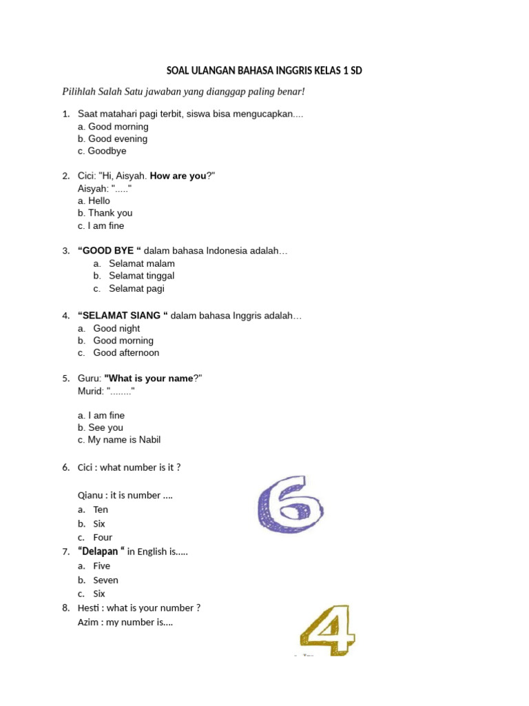 Soal Ulangan Semester 1 Bahasa Inggris Kelas 1 Sd-1 | PDF