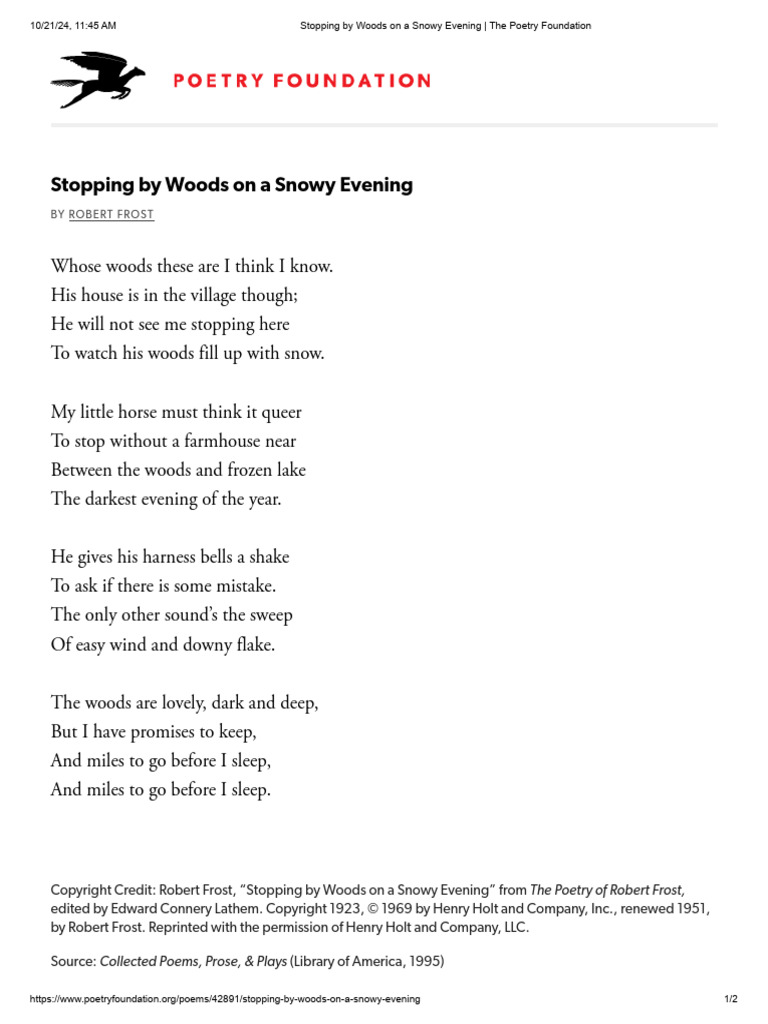 Stopping by Woods On A Snowy Evening - Robert Frost | PDF