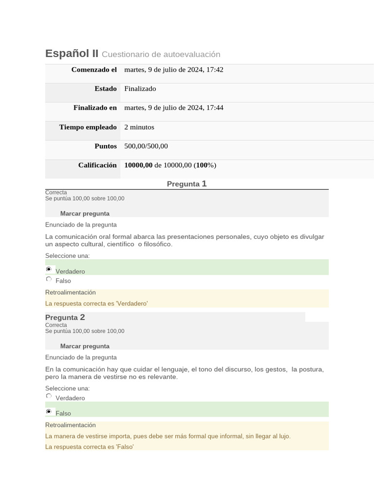 Cuestionario de Autoevaluación Español II | PDF