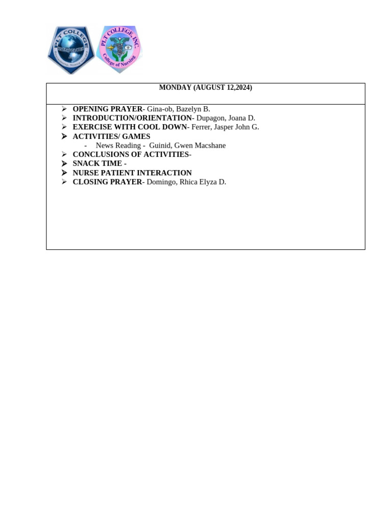 Weekly Activity Schedule: Aug 12-15, 2024 | PDF