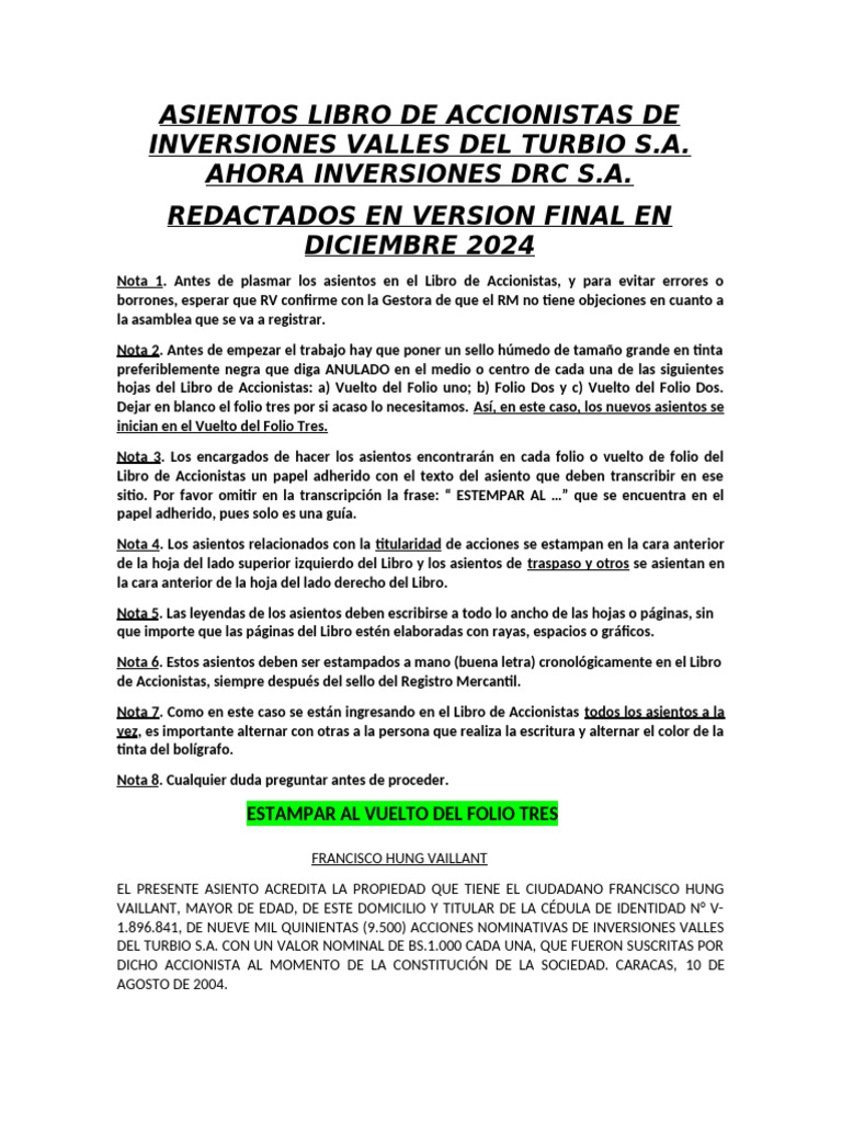 DRC Version Final de Asientos Libro de Accionistas para Enviar A La Compañia | PDF | Compartir ...