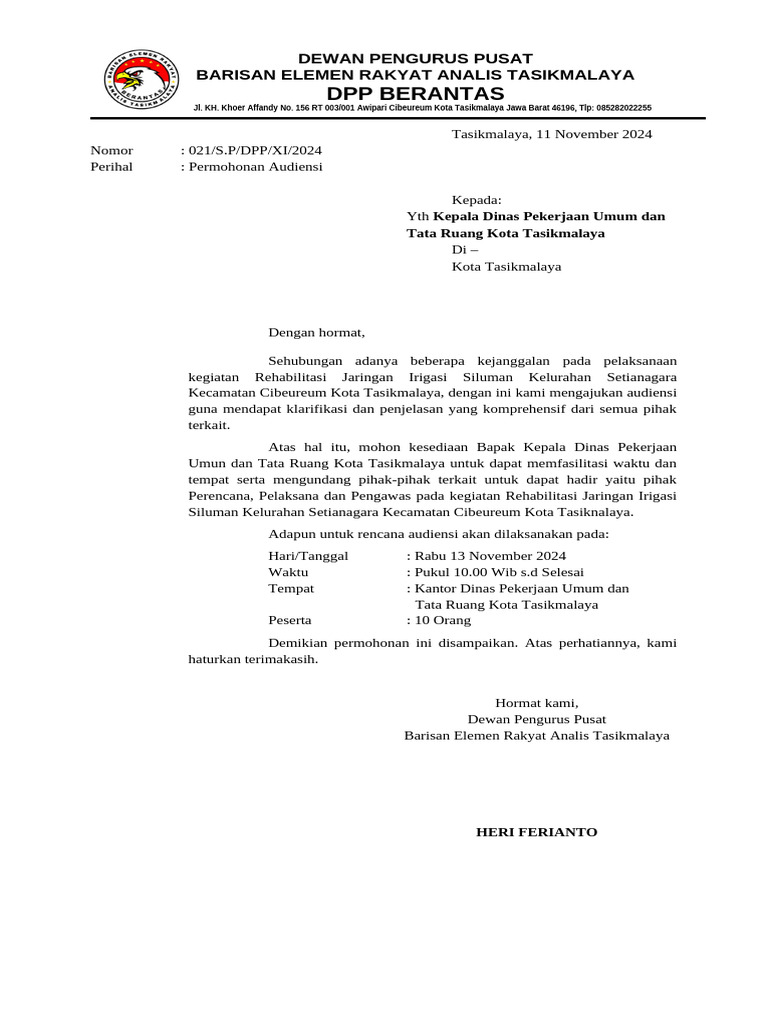 Permohonan Audiensi Dinas Pekerjaan Umum | PDF