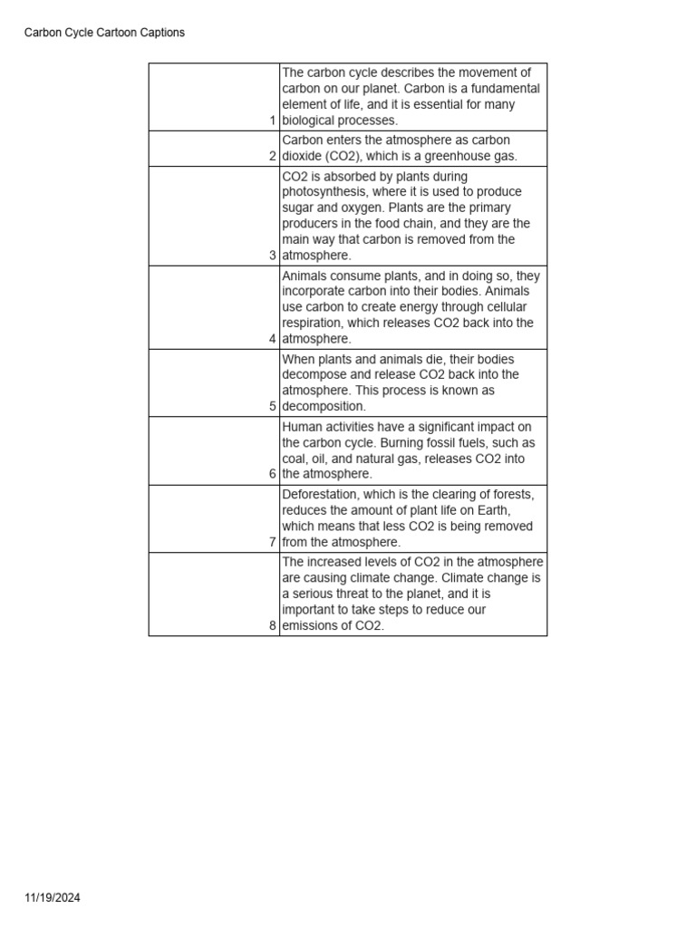 Carbon Cycle Cartoon Captions - Google Sheets | PDF