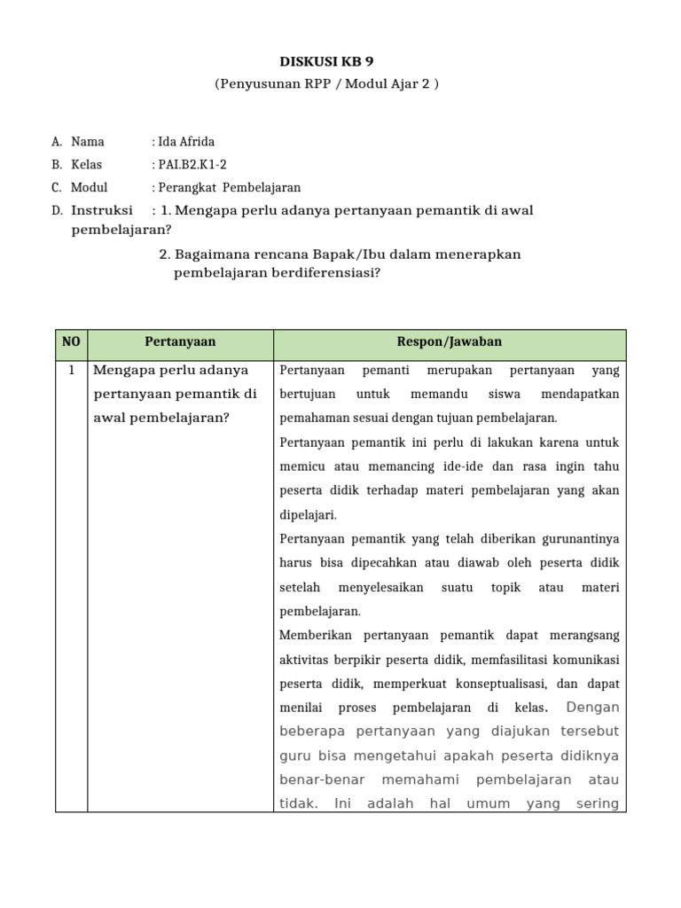 Diskusi 9 PENYUSUNAN RPP DAN MODUL AJAR 2 - IDA AFRIDA | PDF