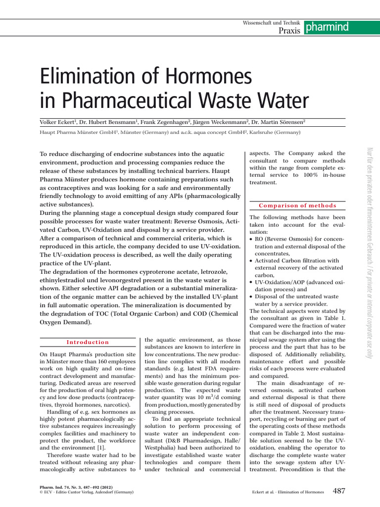 Elimination of Hormones in Waste Water at HauptPharma | PDF | Total ...