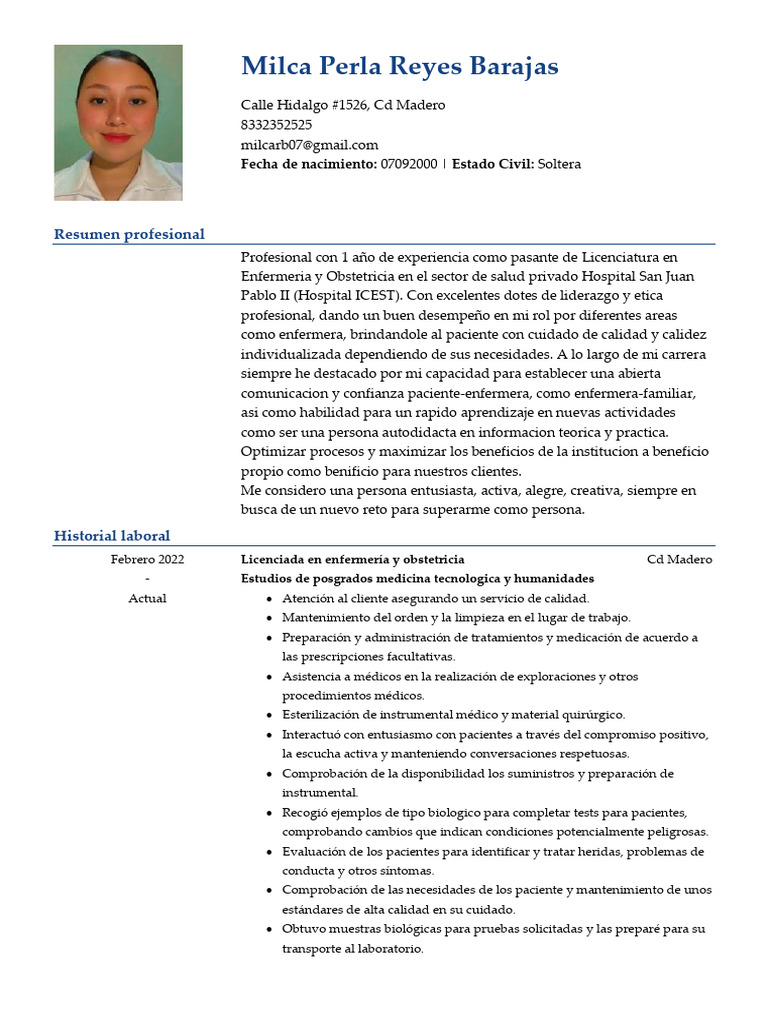 Perfil Profesional de Milca Tampico | PDF | Enfermería | Partería
